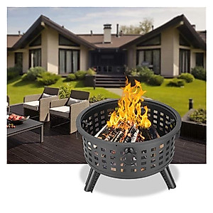LIUXUEFE Round Outdoor Fire Pit, Brazier Poker Spark Screen Outside Flame Retardant Net Cover, Metal Grate Black