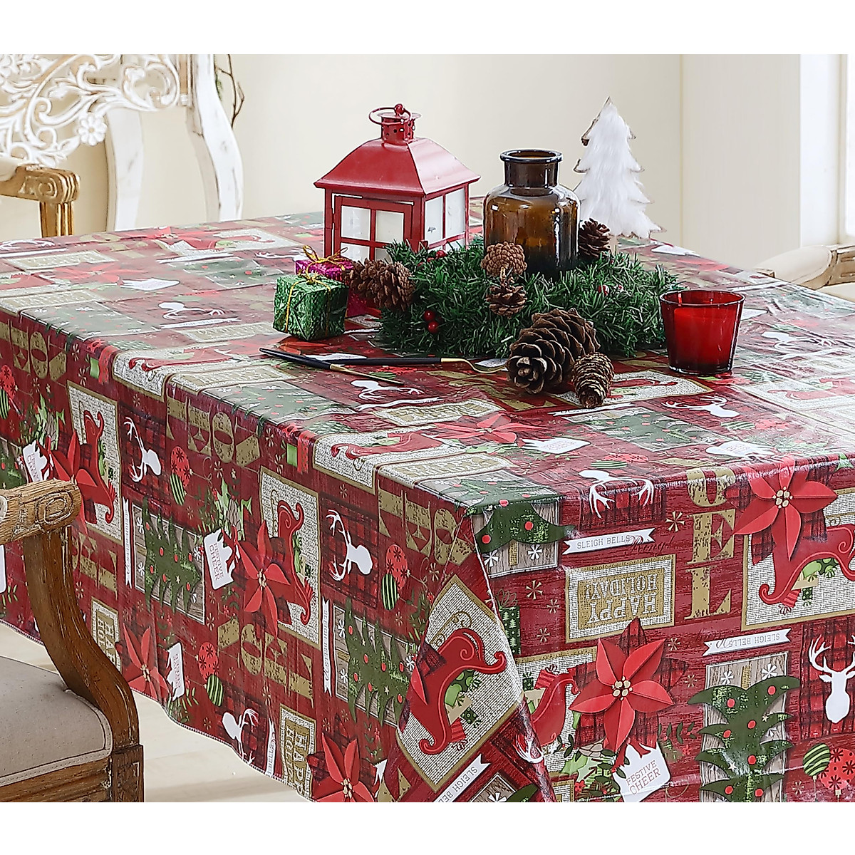 Newbridge Red Sleigh Bells Ring Country Rustic Vinyl Flannel Back Vinyl Christmas Tablecloth, Moose Antlers, Sleighs and Festive Xmas Wipe Clean Tablecloth, 52 Inch x 70 Inch Oblong/Rectangle