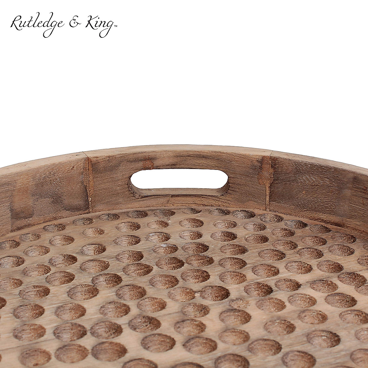 Rutledge & King Brighton Serving Tray - Ottoman Tray/Decorative Tray - Coffee Table Tray/Round Wooden Tray - Breakfast in Bed Tray with Handles - Rustic Wood Tray