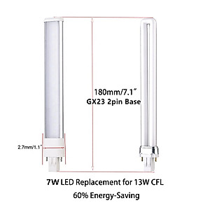 ULIKELED 2 Pack 7W 2 Pin GX23 LED Horizontal PL Light Bulb, 13W CFL Equivalent, PLS-13W Replacement LED Plug & Play Light Bulb(Daylight White 6000K)