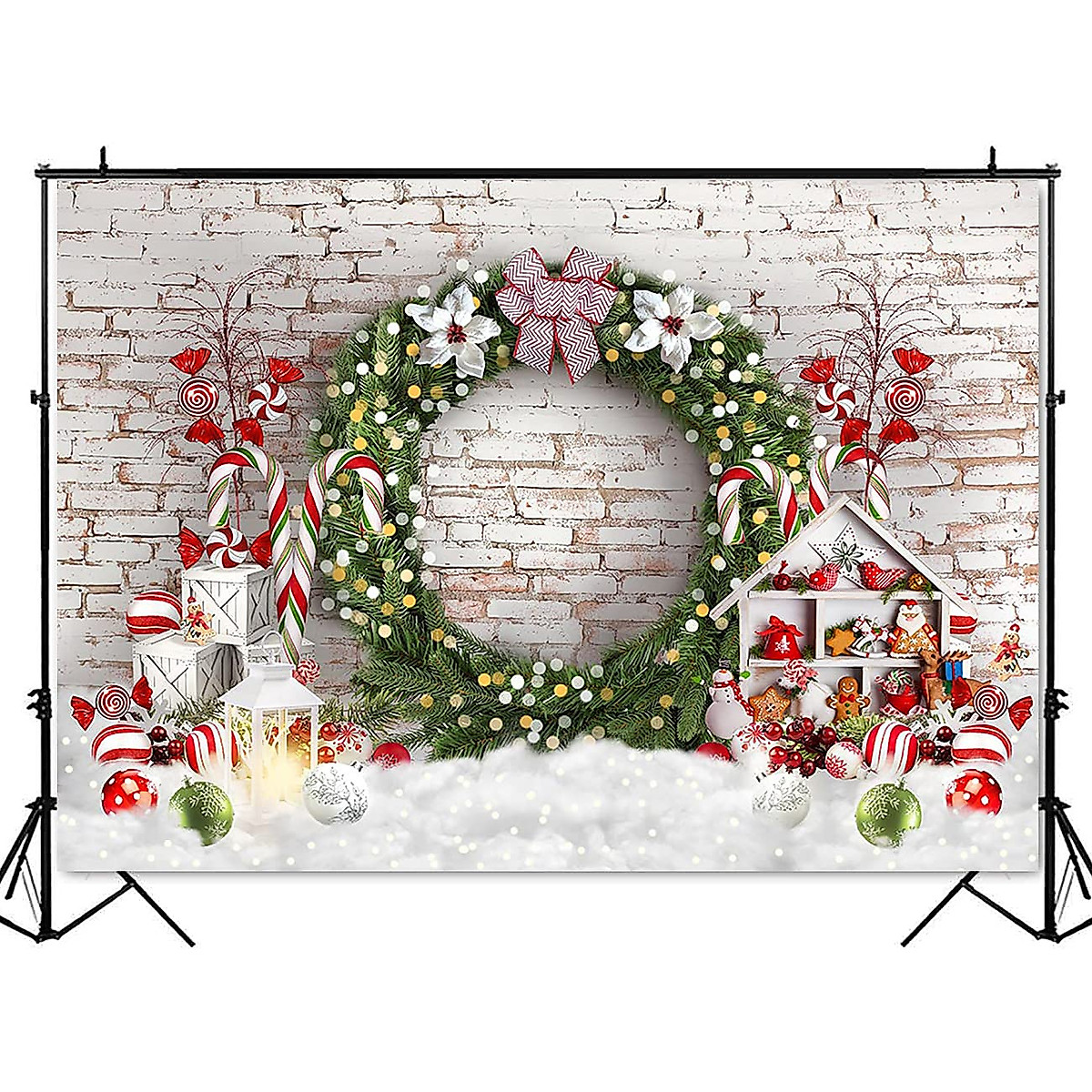 Mocsicka Christmas Photography Backdrop Xmas Candyland White Brick Wall Background Christmas Candy Canes Xmas Wreath Background for Kids Photo Booth Props (7x5ft (82x60 inch))