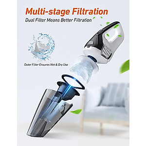 Handheld Vacuum Cordless Rechargeable, 8500Pa Powerful Handheld Vacuum Cleaner for Wet&Dry Use, Portable Handheld Vacuum Cleaner for Car/Home/Pet Hair Cleanup, Vac with Charging Dock&2 HEPA Filters