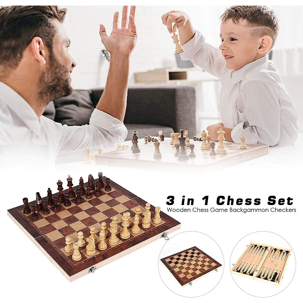 Wooden Chess Set Folding, 3 in 1 Wooden Chess Checkers Backgammon Set with Storage for Pieces - for Adults Beginners and Kids Aged 4+