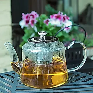 Aserson 1100 ml/37 oz Glass Teapot, Heat Resistant, Stainless Steel Infuser, Handmade, Leaf Tea Brewer, Borosilicate Glass, Stovetop Teapot and Microwave Safe