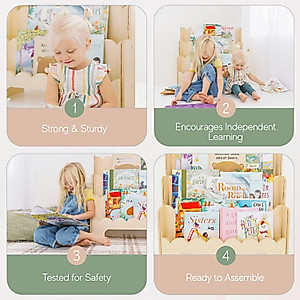 Wooden Kids Bookshelf w/Scalloped Edges - Perfect Height 3-Tier Montessori Bookshelf for Kids - Durable Childrens Bookcase for Kids Room or Playroom - Toddler Bookshelf Rack - Baby Book Shelf Nursery