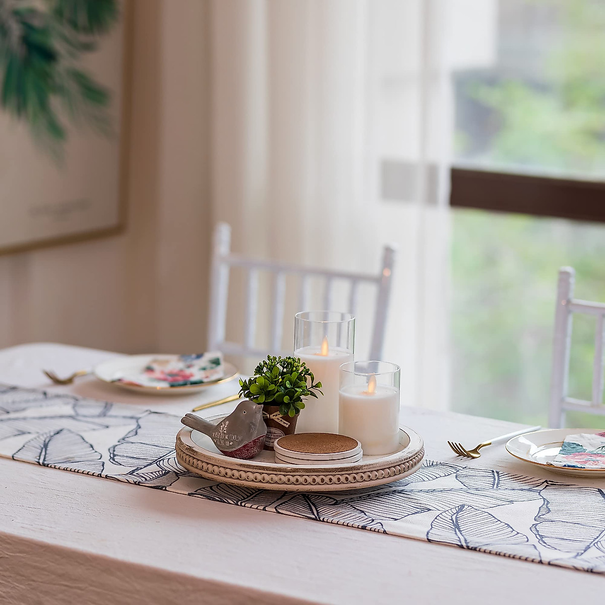 Lazy Susan Organizer Wooden Turntable: Hanobe White Round Wood Trays for Decorative Kitchen Counter Coffee Table Home Decor with Beaded Spice Spinner