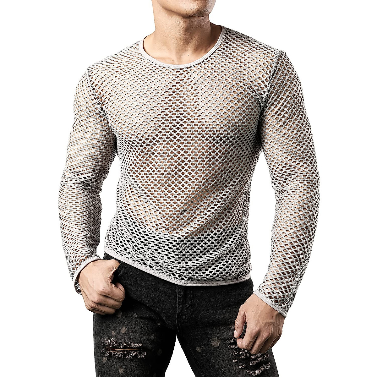 JOGAL Men's Mesh Fishnet Fitted Long Sleeve Muscle Top X-Large WG04 Grey