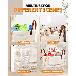 MOXTOYU Laundry Basket, Jute Dirty Laundry Hamper with Leather Handles, Woven Laundry Basket for Pillows, Blankets, Toys, Decorative Basket for Living Room, Bathroom, Bedroom - 72L Brown & White