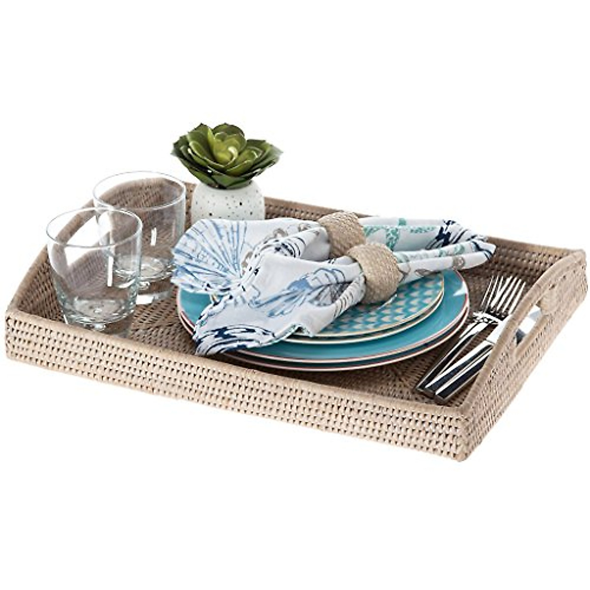 KOUBOO 1020043 La Jolla Rattan Rectangular Serving Tray, 18" x 13.5" x 3.5", White Wash