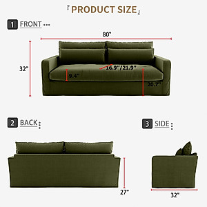 Meeyar 80 Inch Down Sofa Couches for Living Room Linen Fabric 3 Seater Couch with Lumbar Pillows and Wooden Legs Cloud Sofa Upholstered Furniture for Home Office Bedroom Apartment Lounge, Olive Green