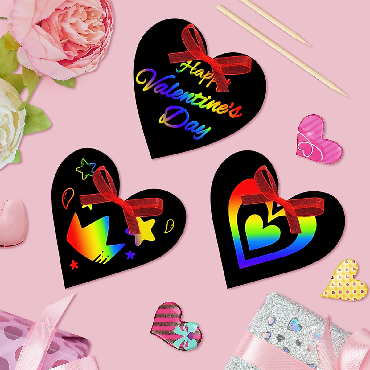 28 Pieces Valentines Crafts for Kids,Rainbow Scratch Paper Ornaments,Heart Shape Scratch Craft Art Kit for Class Valentines DIY Art Activity,School Valentines Day Gifts for Kids