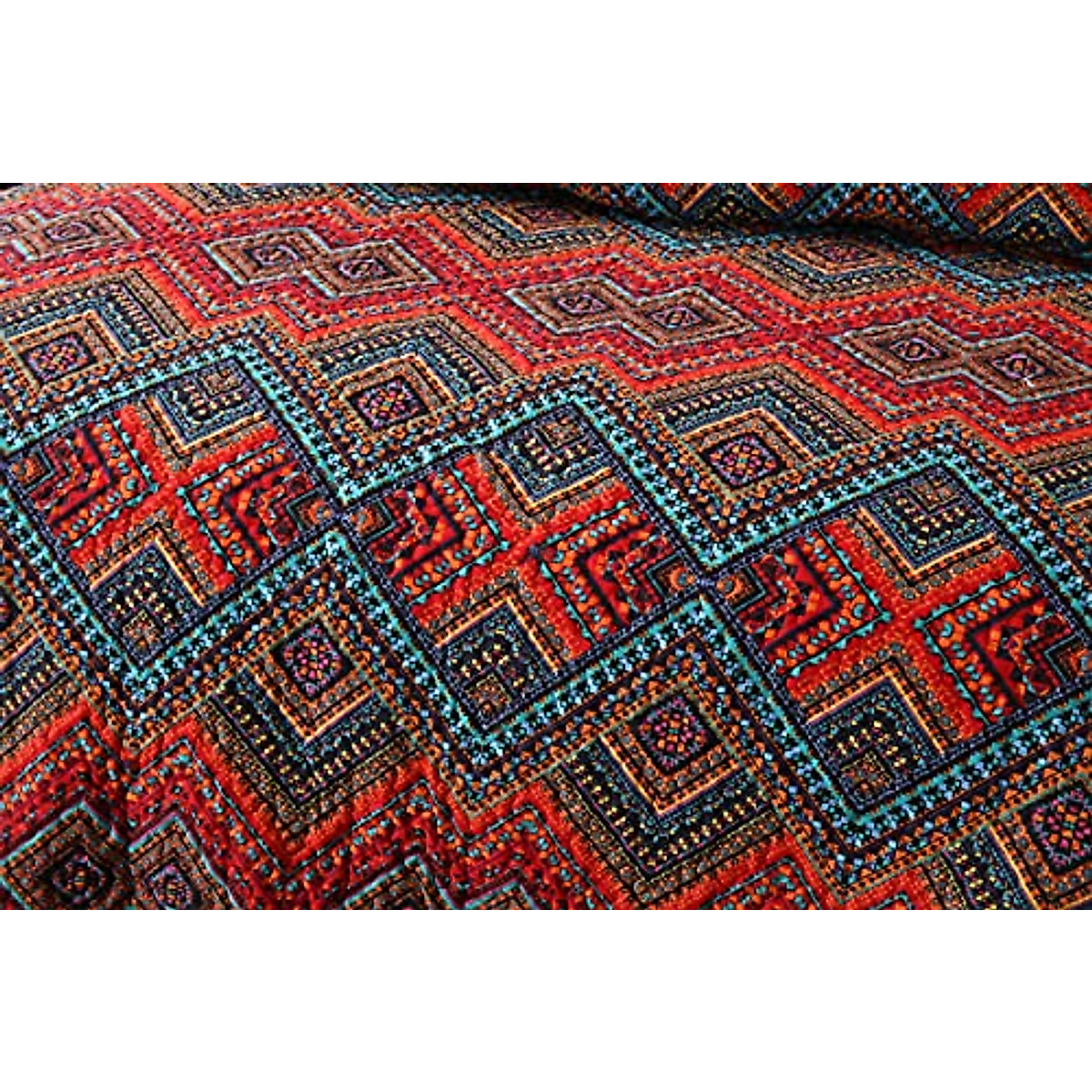 Yvooxny Quilt Set Queen Size Bedspread Bohemian Style Lightweight Cotton Quilted Coverlet Bedding Set for All Seasons, Boho Red Jacquard Pattern, 90 * 98 Inches