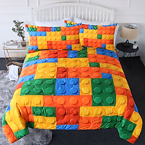 BlessLiving Teen Boy Comforter Set King Colorful Toy Bedding Set 3 Piece Funny Building Blocks Bed Set Cute Comforter King Size Bedspreads