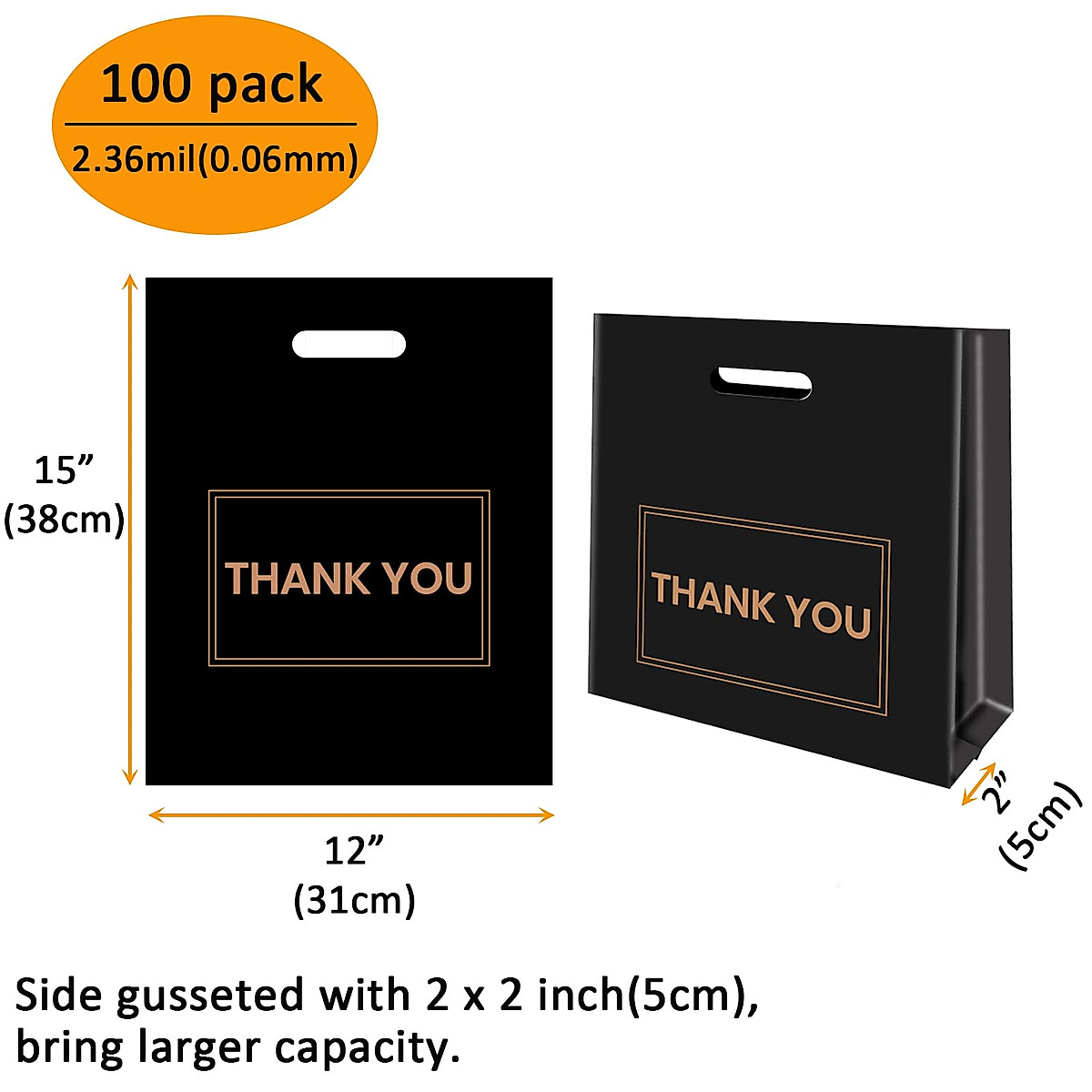 Belinlen 100Pcs 12x15 Inch Thank You Bags for Small Business Plastic Retail Shopping Bags for Stores, Boutique, Party, Gift, Clothes, and More Reusable Plastic Thank You Bags (Black, 2.36mil Thickness)