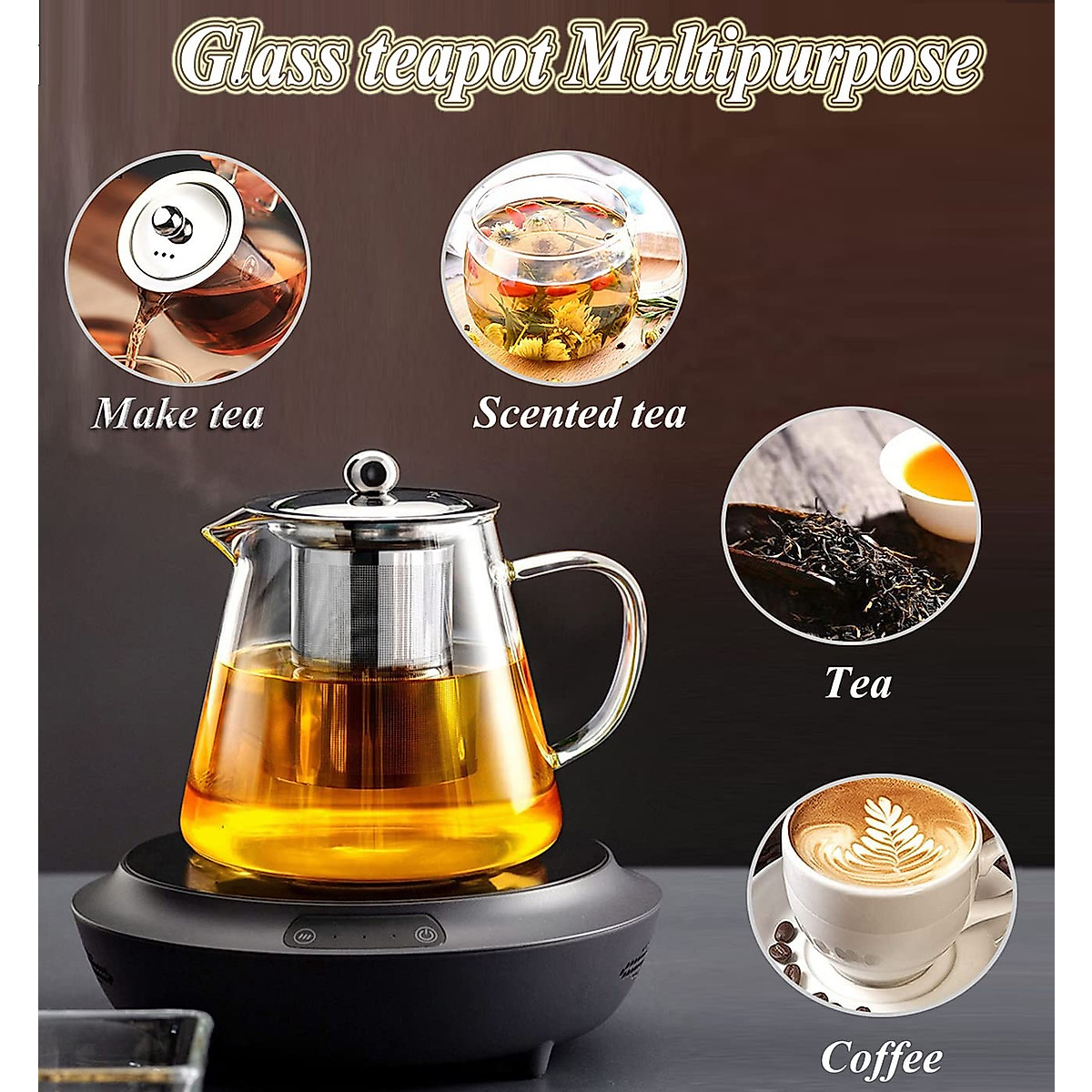Glass Teapot with Removable Stainless Steel Infuser, Borosilicate Glass Tea Pot with Strainer,for Blooming Tea & Loose Leaf Tea, Microwave & Stovetop Safe（19oz ）