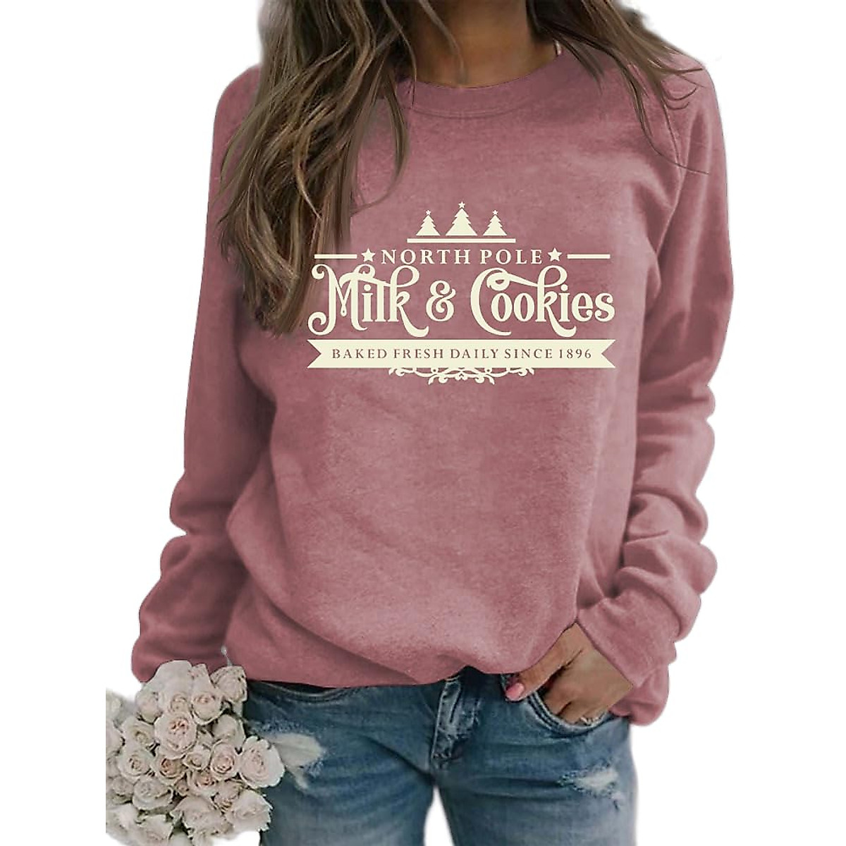Akivide Women's North Pole Milk and Cookies Sweatshirt Christmas Novelty Graphic Long Sleeve Pullover Shirt