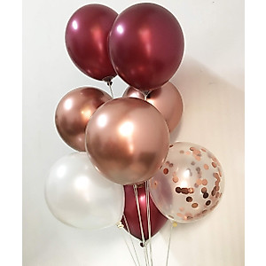 Chrome Rose Gold Burgundy Balloons - 50Pieces White Metallic Rose-Gold Dark Red Balloons for Birthday Women Wedding Bridal Shower Anniversary Party Decorations