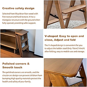 HYNAWIN 3 Tier Bamboo Ladder, Multi-Functional Foldable Ladder, Portable Bamboo Step Ladder with Wide Anti-Slip Pedals for Home, Kitchen, Office, Space-Saving