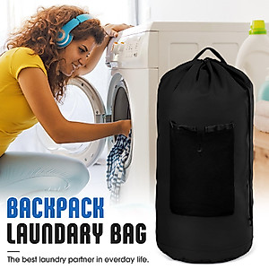 Clysee 2 Pack XL Laundry Backpack with Shoulder Straps and Mesh Pocket Portable Laundry Bag with Drawstring Closure Dorm Essentials for College, Dorm Room, Apartment(Black, Blue)