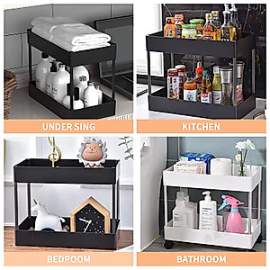 AntDesign Under Sink Organizer Kitchen Cabinet Storage, 2 Tiers Under Cabinet Bathroom Under Sink Shelf Basket Multi-purpose and Large Capacity with Hooks (White)