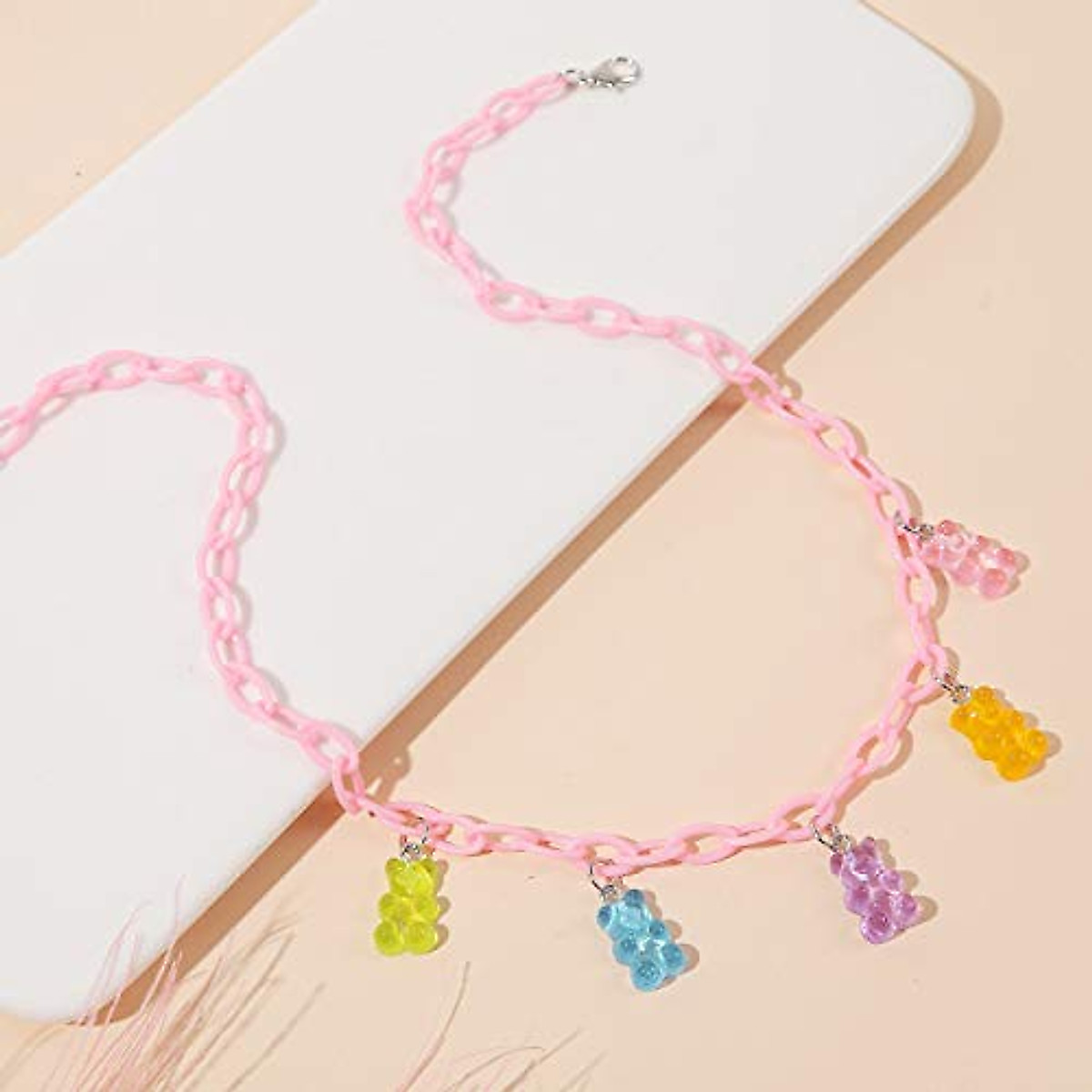COLORFUL BLING Cute Small Bear Acrylic Chain Necklace Resin Candy Color Gummy Bear Simple Jewelry for Women-Pink