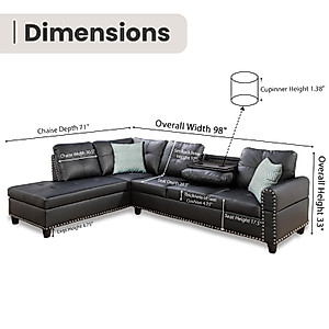 Yafylly L Shaped Sectional Couch, Living Room Furniture Set with Storage Ottoman, Deep Seat Modular Sofa with 2 Cup Holders, 2 Throw Pillows for Large Space, Black