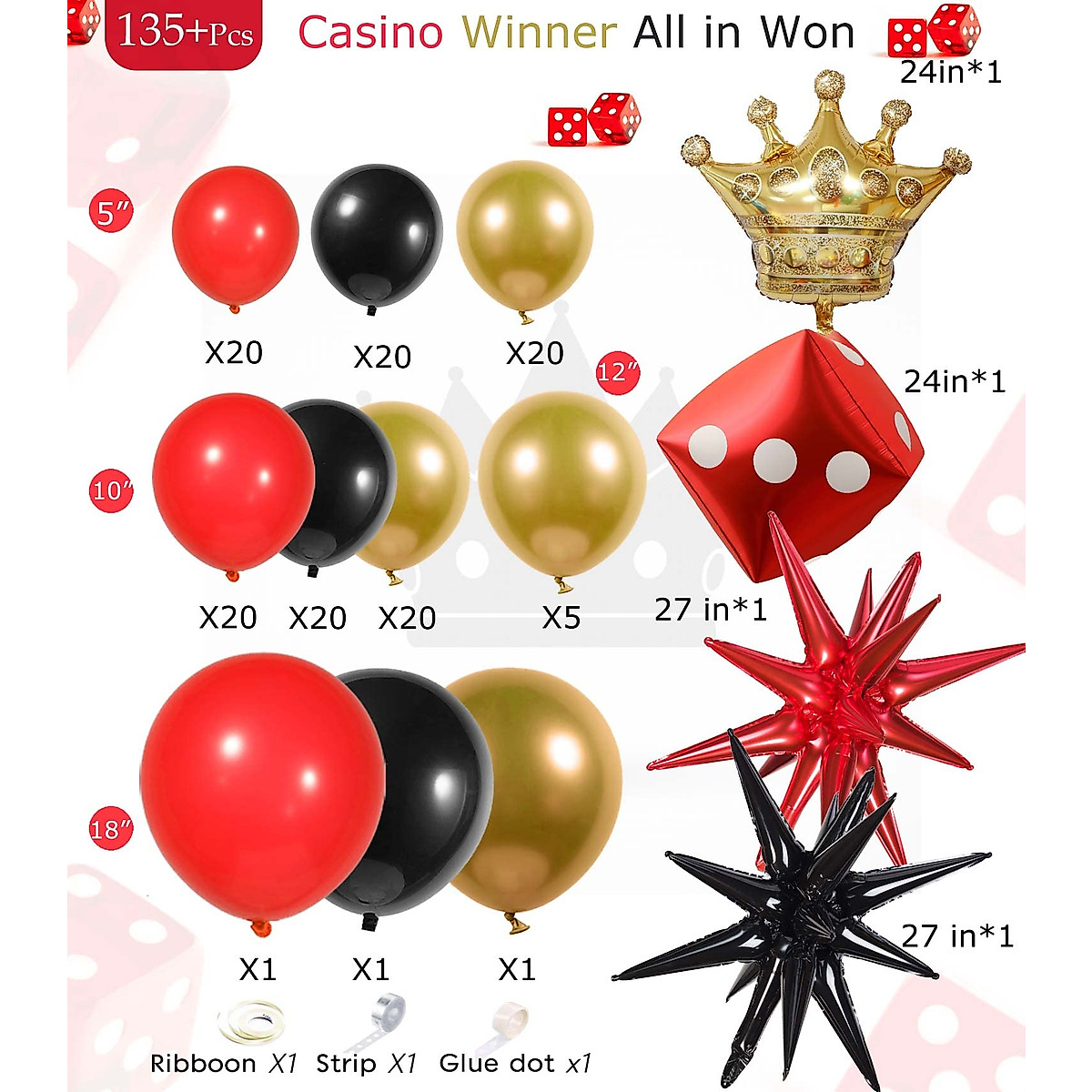 Casino Theme Red and Black Gold balloon garland arch kit With Starburst Dice Crown balloons for casino royale Birthday Las Vegas night hollywood theme party decorations