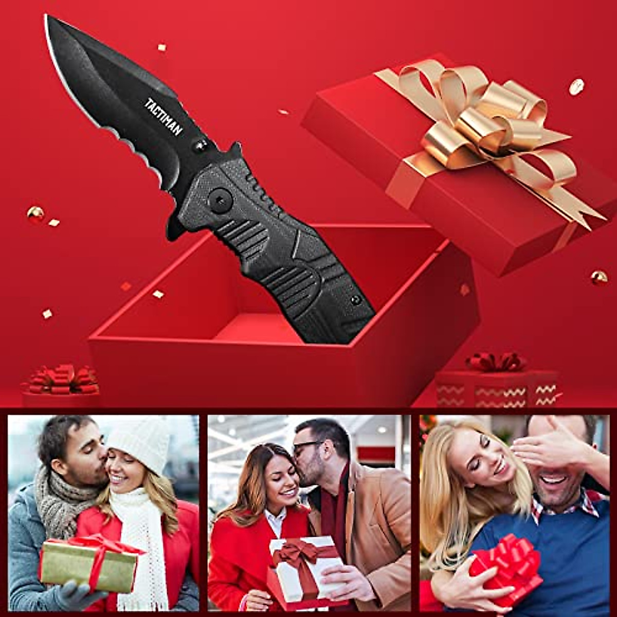 TACTIMAN Pocket Folding Knife Survival Gear Tactical Knife with Liner Lock Stainless Steel Blade in Black Oxidation G10 Handle Reversible Pocket Clip Gifts for Men Dad Husband