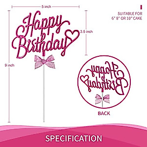 Hot Pink Happy Birthday Cake Topper Plastic - 3D Double Sided Happy Birthday Sign for Cake with Bow, Idea for Birthday Cake Decoration and Birthday Photo Booth Props (HOT PINK)