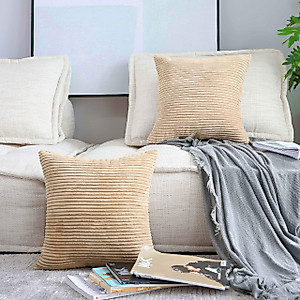 Home Brilliant Supersoft Decorative Pillow Covers Set of 2 Striped Velvet Corduroy Cushion Cover for Chair Couch Sofa, 50x50 cm, 20 x 20 Inch, Taupe