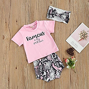 Infant Baby Girl Summer Outfits Short Sleeve Letter T-Shirt Top Bloomers with Headband 3Pcs Toddlers Clothes Set (Pink+Python, 0-6 Months)