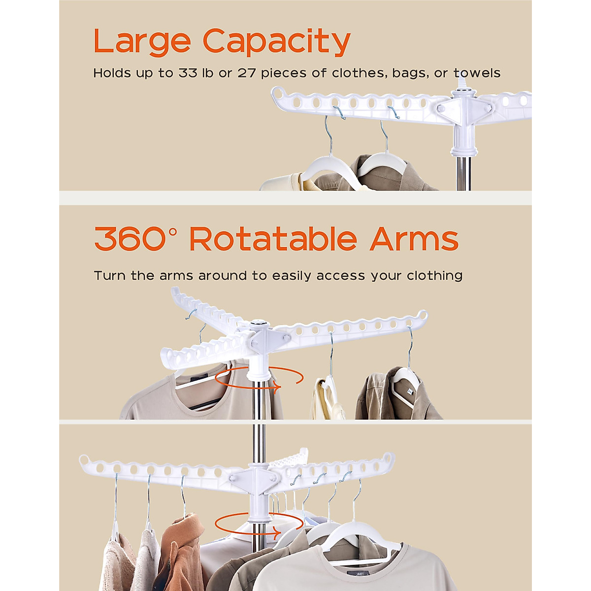 CASAMAYA Clothes Drying Rack Foldable, 74.8 inch 2 Tier Laundry Drying Rack with Rotating Clothes Rail for 54 Pieces of Clothes, Space Saving, Indoor, Stainless Steel, White and Silver CDR002W01