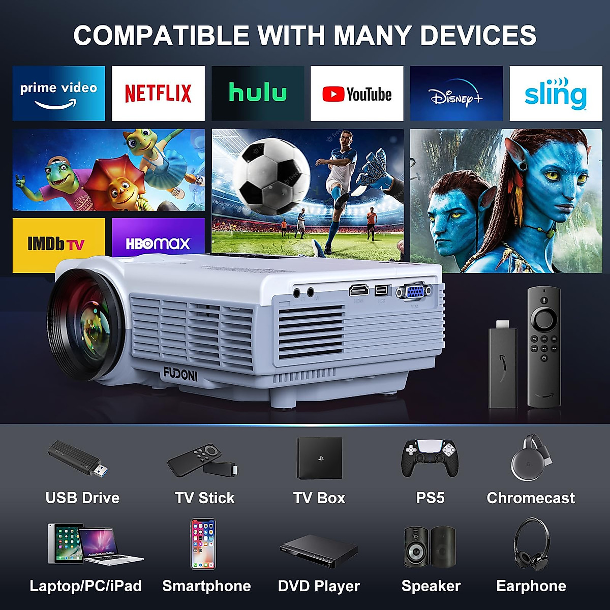 Projector with WiFi and Bluetooth, 2022 Upgraded 5G WiFi Projector Native 1080P HD 4K Supported, FUDONI Outdoor Projector with Screen, Portable Home Projector for HDMI, USB, Laptop, TV Stick, Phone