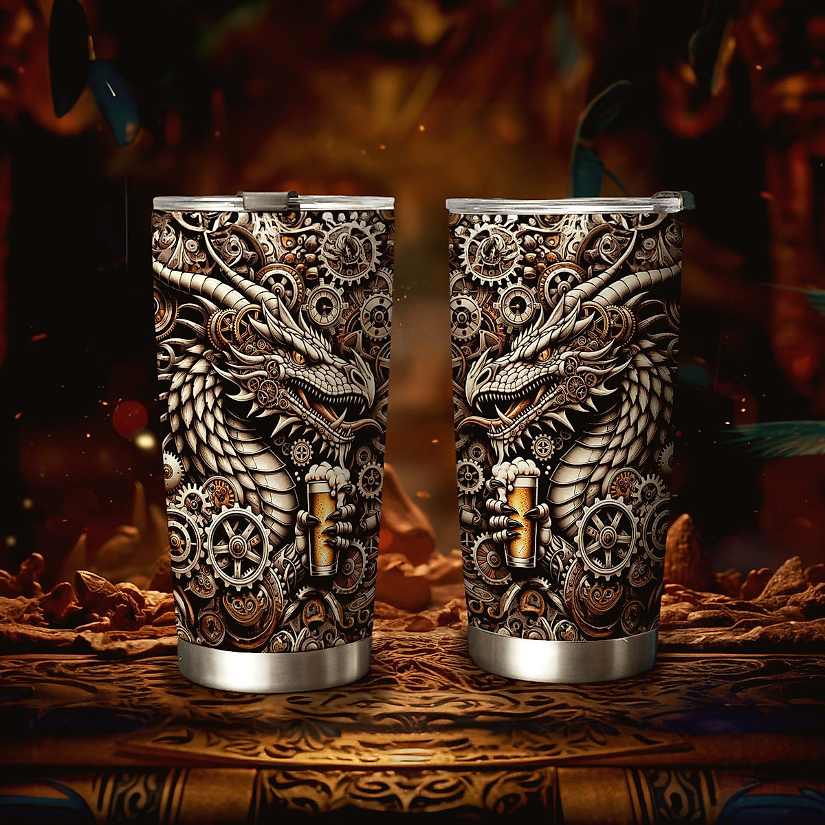 64HYDRO 20oz Steampunk Mechanical Engineer Clockwork Dragon Tumbler, Gaming, Gamer Gifts for Dragon Lovers, Stainless Steel Double Wall Vacuum Insulated Coffee Mug, Travel Cup with Lid