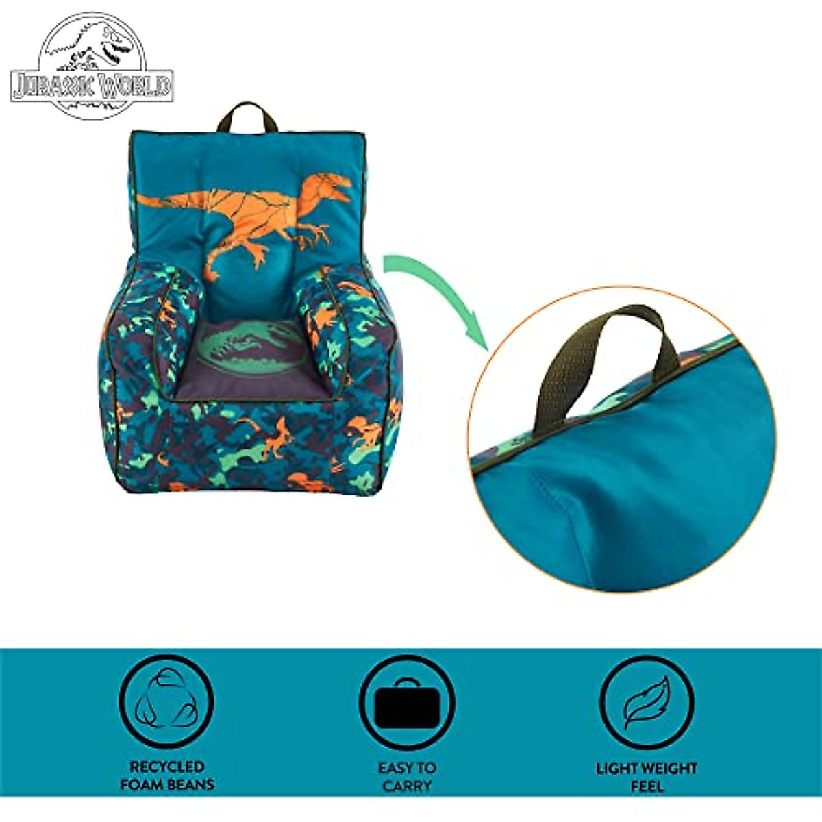 Jurassic World 2 Kids Nylon Bean Bag Chair with Piping & Top Carry Handle, Blue, 18" H x 18" W