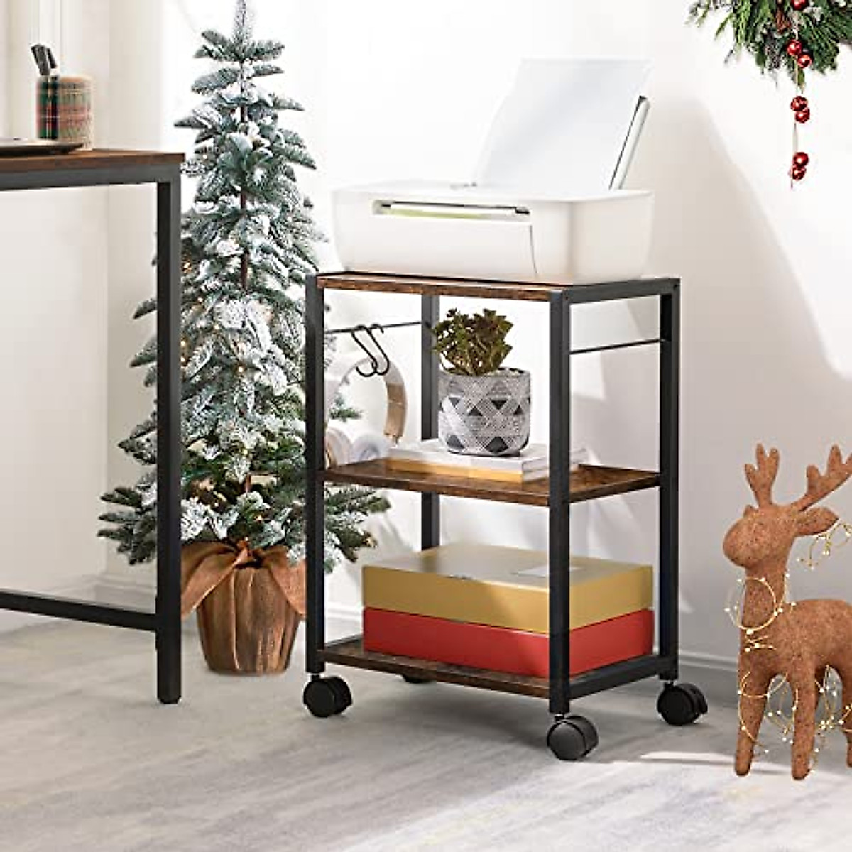 ALLOSWELL Mobile Printer Stand, 3-Tier Printer Cart Under Desk with Storage, Industrial Rolling Cart with 2 Hooks, Sturdy Little Cart on Wheels for Home Office, Rustic Brown and Black PTHR4001