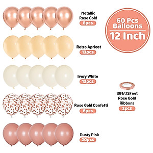Funhot Retro Blush Pink Balloons Set, 60PCS Dusty Pink Birthday Balloons, 12Inch Chrome Rose Gold Balloons Beige Nude Latex Balloon for Girls Birthday Bridal Baby Shower Wedding Boho Party Decoration