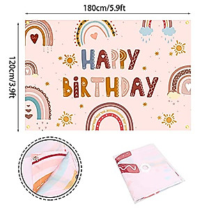 Boho Rainbow Happy Birthday Backdrop Banner Pink Bohemian Sunshine Theme Background Decorations for Women Girls Baby Shower Photography Party Sign Decor Supplies