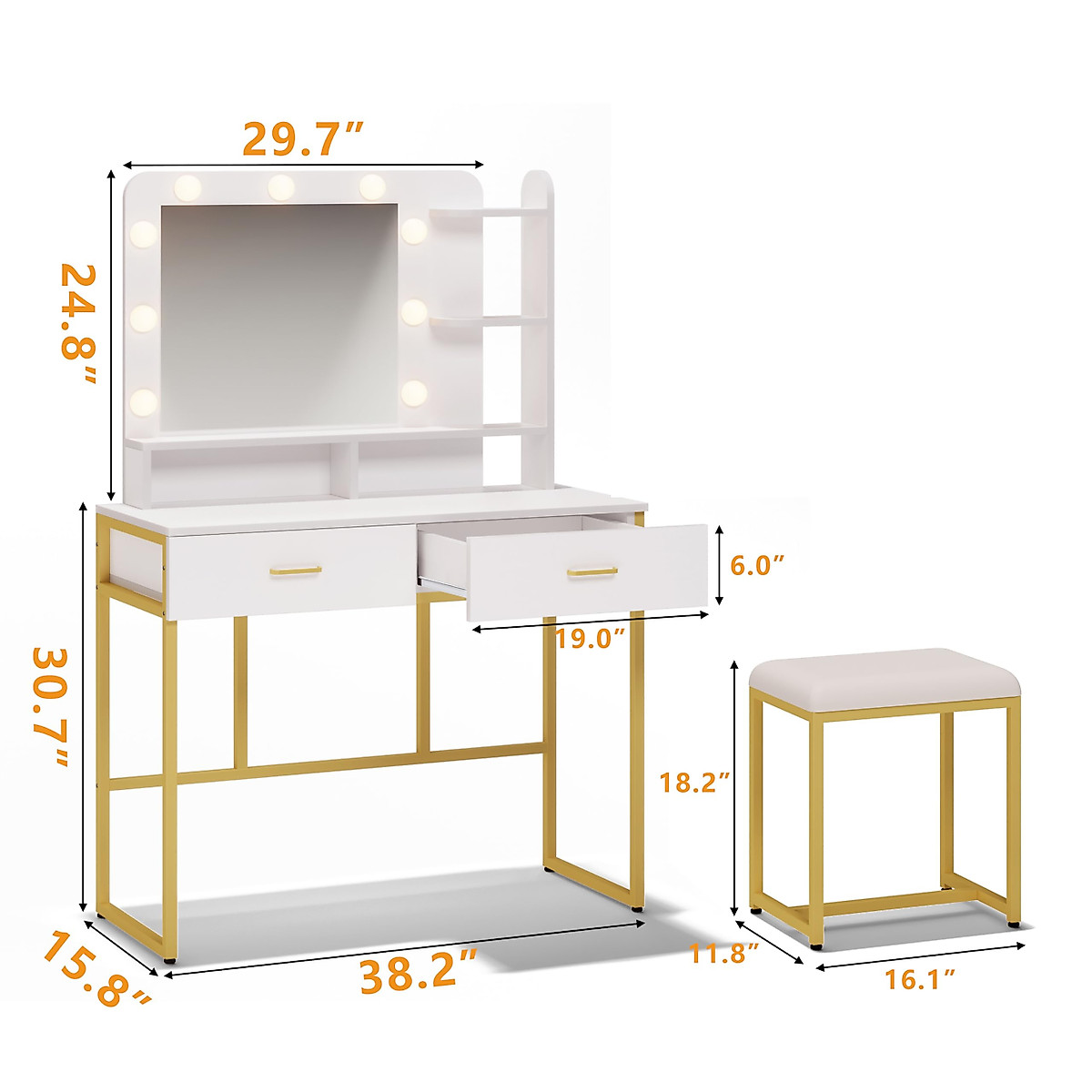 Wildhome Vanity Set with Lighted Mirror,Vanity Desk with 2 Drawers,Makeup Vanity Dressing Table with 9 Lights for Women, Dresser Desk Vanity Set for Bedroom,with Cushioned Stool,Gold (White)