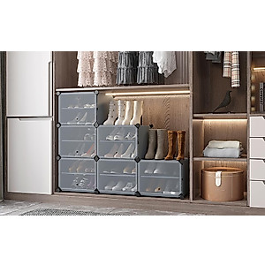UNZIPE Shoe Rack for Entryway, 8 Cube 16-Tier Shoe Storage Cabinet 32 Pairs Plastic Freestanding Shoe Organizer DIY for Entryway Hallway Closet or Bedroom, Dark Grey
