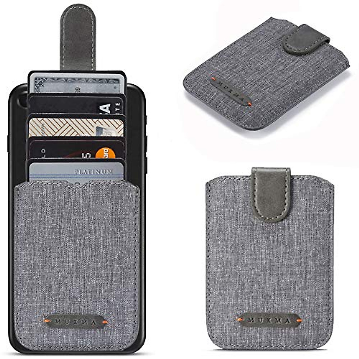 BIAJIYA Card Holder for Back of Phone RFID 5 Pull Credit Card Cash Cell Wallet Pocket Canva Leather Case for Smartphones (Grey)
