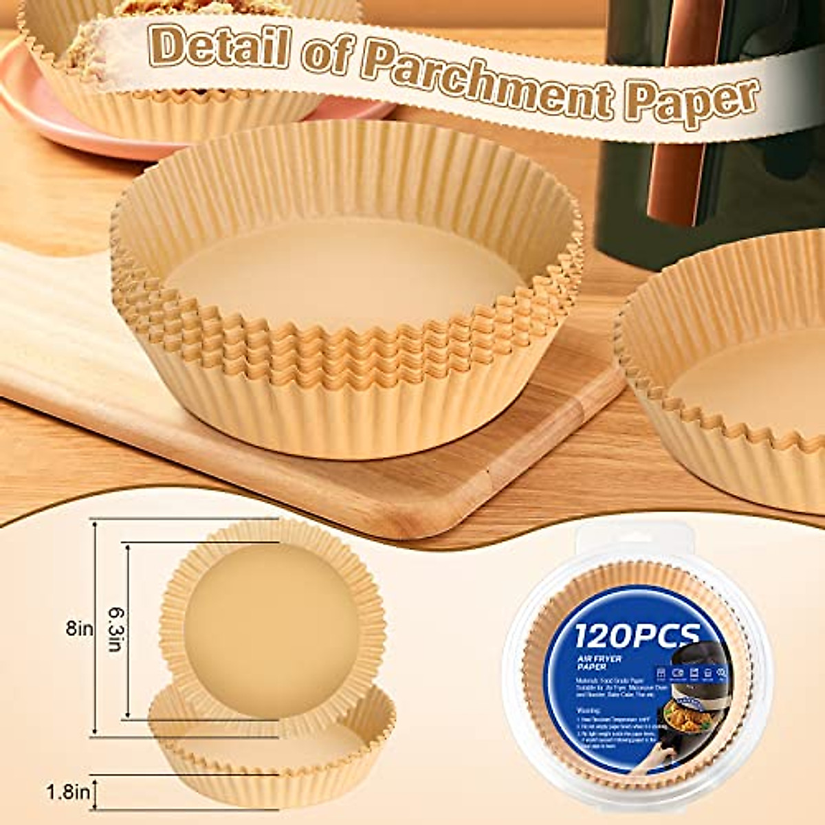 Woltechz 120 Pcs Air Fryer Liners, Air Fryer Disposable Paper liner, Parchment Paper Non-Stick, Oil-proof, Water-proof, Food Grade for Baking, Grilling, Cooking