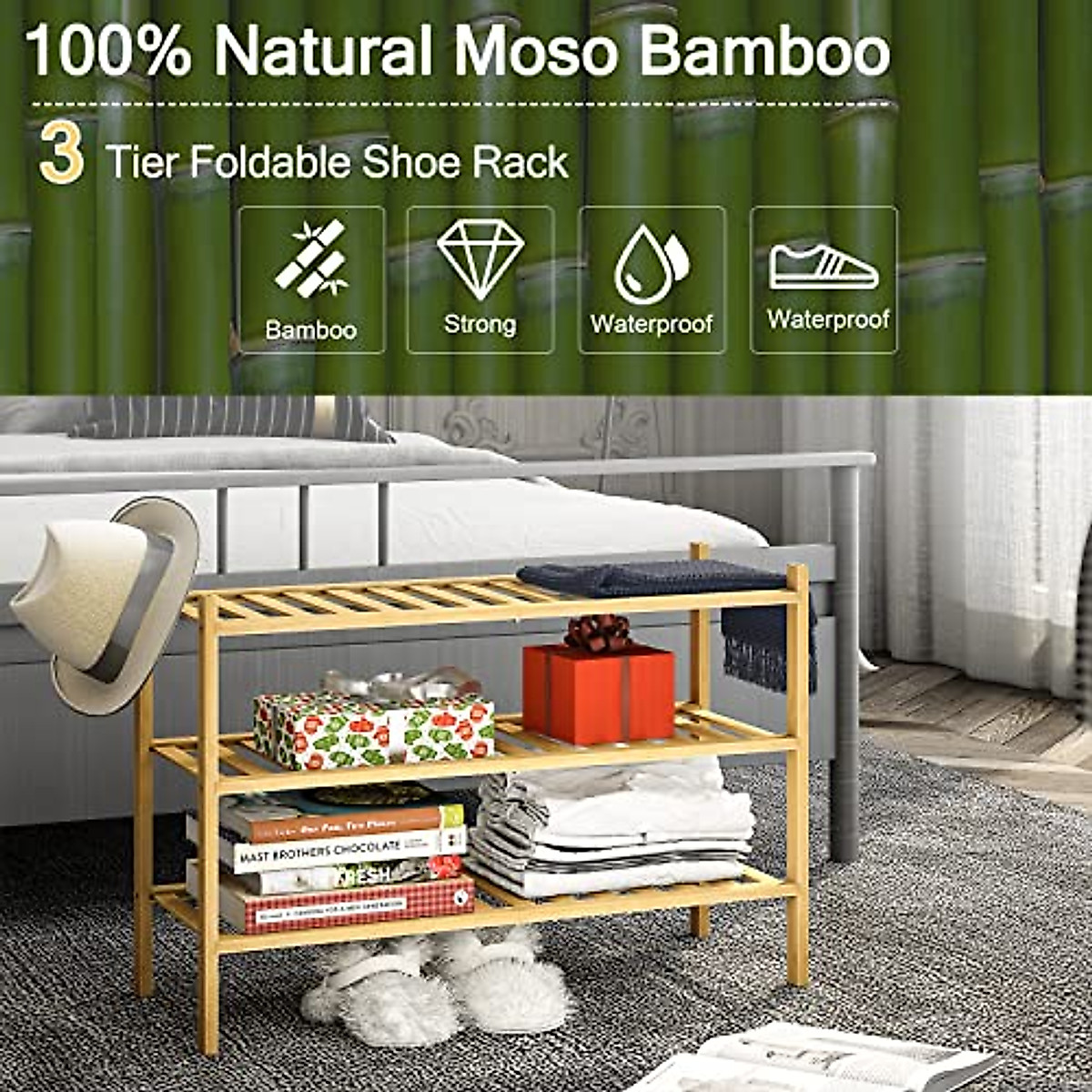 Furshus 3-Tier Bamboo Shoe Rack for Entryway, Stackable | Heavy Duty | Multi-Function, Free Standing Shoe Racks for Bedroom Hallway Closet