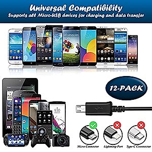tekSonic [12-Pack Micro USB Cable Multi Pack Bulk Lot - 1 M/3.3 ft Charging, Data Sync Fast Micro USB to USB A Cord for Samsung Galaxy S7 S6 Edge J7 S5,Note 5 4,LG 4 K40 K20,Kindle,PS4,Xbox,Tablet