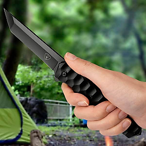 AUBEY Tanto Blade EDC Knife, 440 Steel Pocket Folding Knife with Liner Lock, Clip, Aluminum Handle and Glass Breaker, Nice Gift for Men Women (Black)