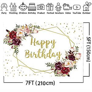 Avezano Burgundy Floral Happy Birthday Backdrop for Women Rose Gold Dots Birthday Photography Background Lady 30th 40th Bday Banner(7x5ft)