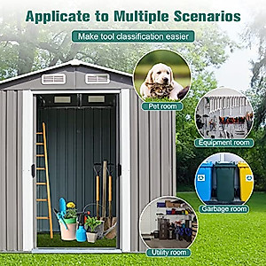 Steel Garden Storage Shed 6' x 4' - Utility Tool House with Vents Garden Storage House Metal Shed for Patio (Grey)