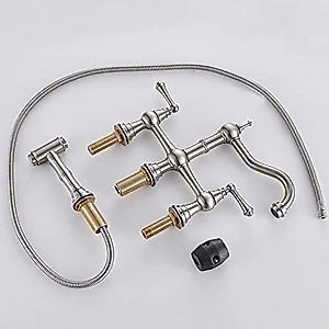 VCCUCINE Bridge Kitchen Faucet, 4 Hole Kitchen Faucet with Side Sprayer, Antique Brass 8 Inch Centerset 2 Handle Farmhouse Sink Faucet, Stainless Steel Kitchen Faucets for Sink 3 Hole