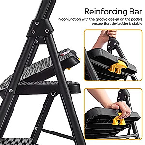 3 Step Ladder, Folding Step Stool with Wide Anti-Slip Pedal, Lightweight 500lbs Step Ladder 3 Step Folding, 3 Step Ladder Folding Step Stool for Adults, Portable Kitchen Step Stool Black