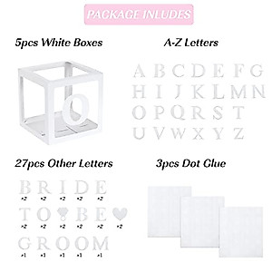 RUBFAC 5pcs Bridal Shower Decoration Box, White Transparent Balloon Box with ‘TO BE BRIDE GROOM’ and ‘A-Z’ Letters for Wedding Shower Baby Shower Engagement Bachelorette Parties Photo Booth Backdrop